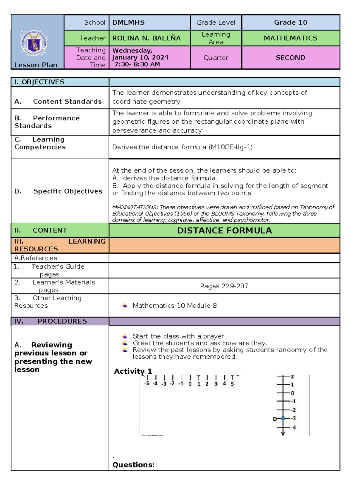 CO#2 Grade 10 Mathematics Lesson Plan: Distance Formula (Jan 10, 2024 ...