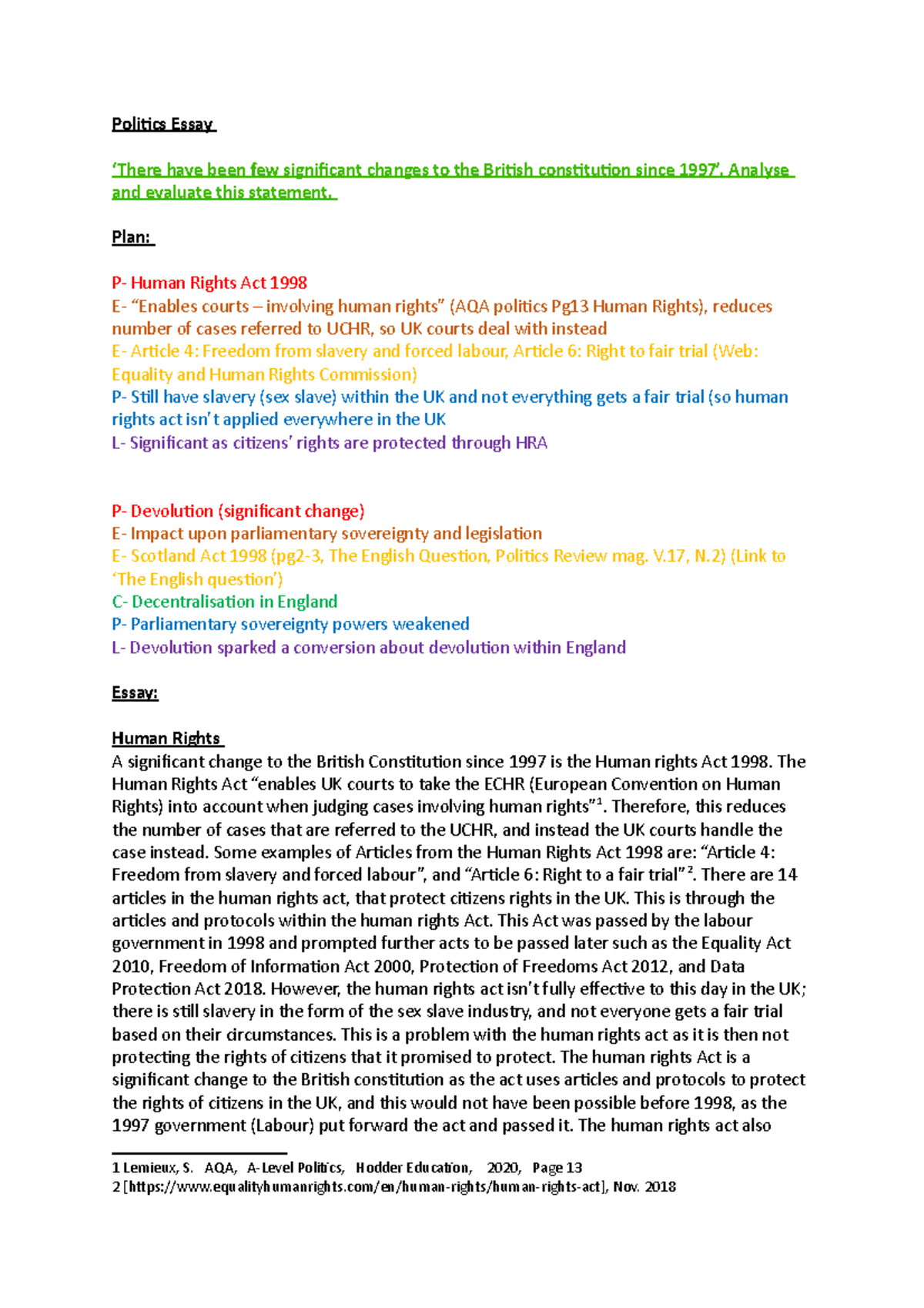 A-Level Politics Essay: Evaluating Changes Since the 1997 Constitution ...