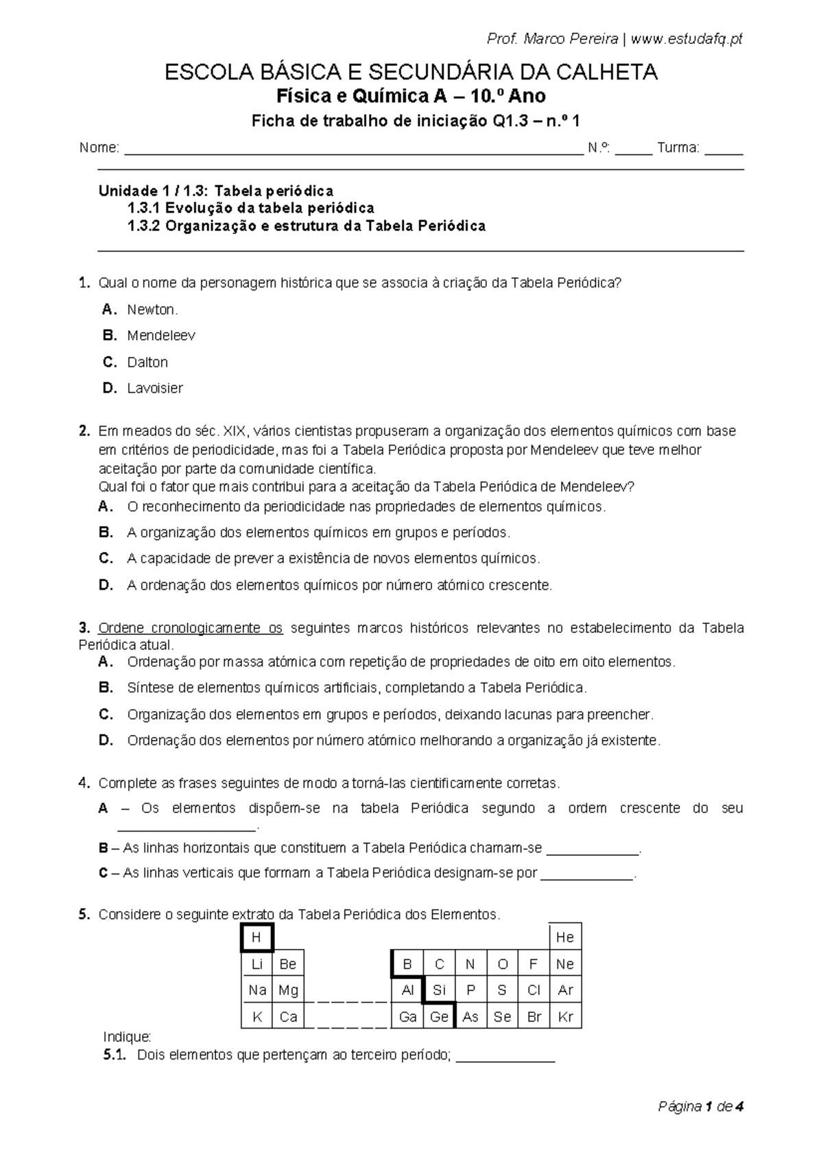 10FQA Ficha de Trabalho de Iniciação: Tabela Periódica e Estrutura ...