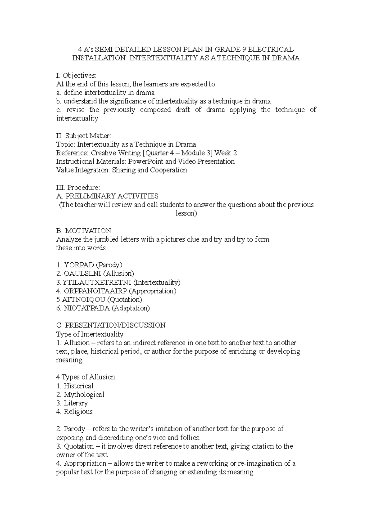 Grade 9 Electrical Install: Intertextuality Lesson Plan Details - Studocu
