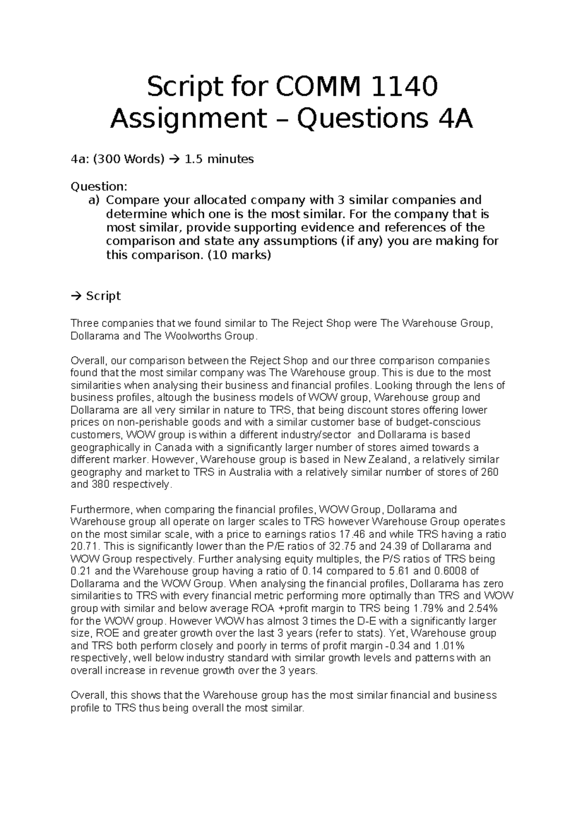 Script for COMM 1140 Assignment - Comparing TRS with Similar Companies ...
