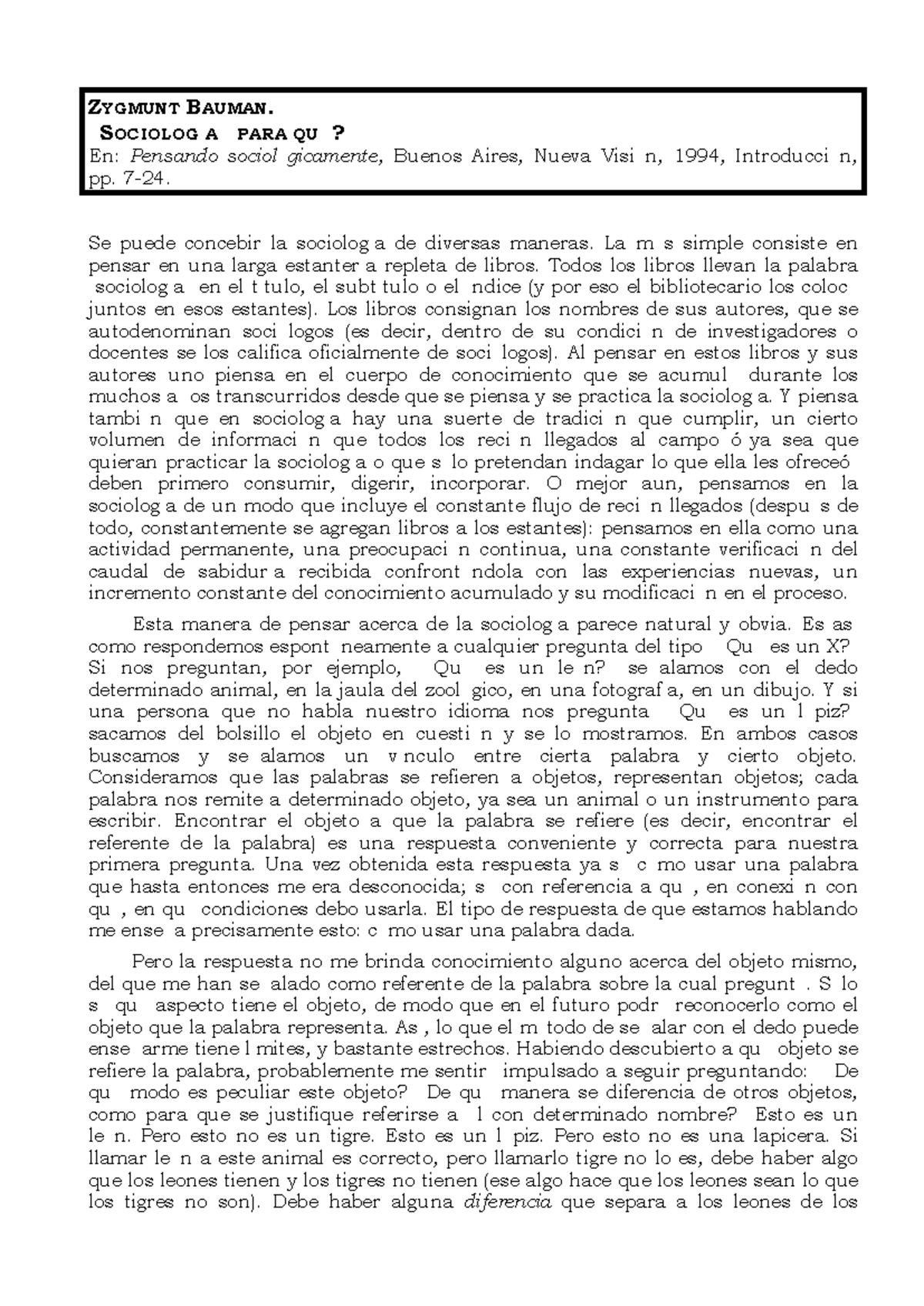 U1.2 Bauman 1994 Pensando sociologicamente Introd - ZYGMUNT B AUMAN. “S ...