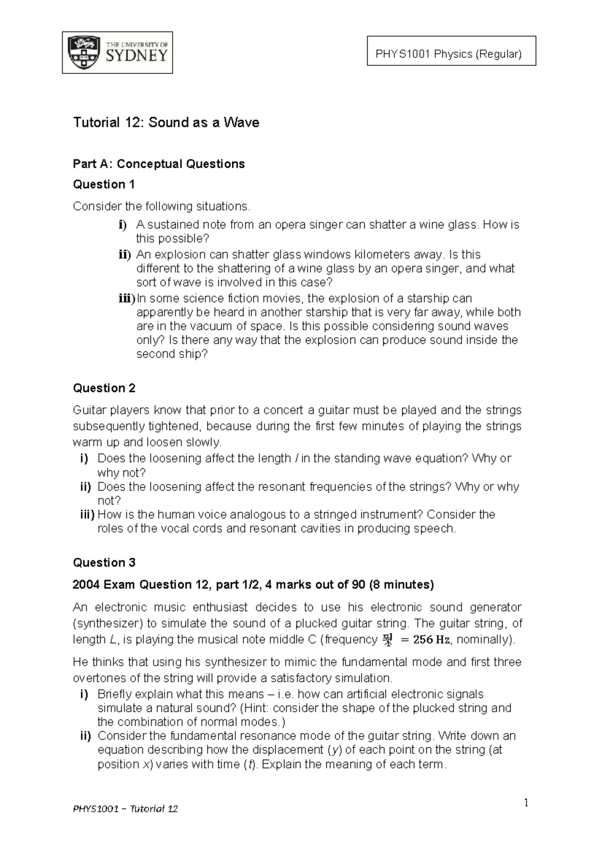 PHYS1001 Tutorial 12: Sound Waves & Conceptual Questions - Studocu