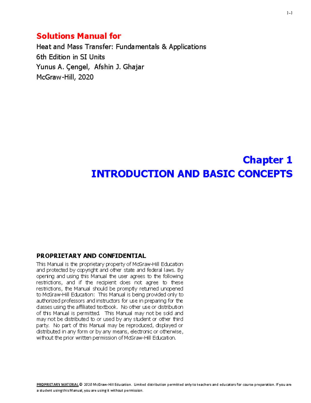 SI Heat 6e SM Chap01 - solution for chap 1 - PROPRIETARY MATERIAL 2020 McGraw-Hill Education ...