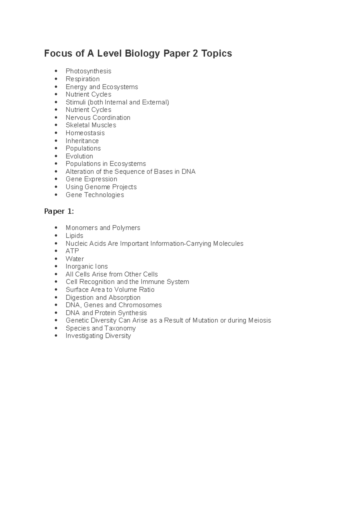 Biology common topics - Focus of A Level Biology Paper 2 Topics ...