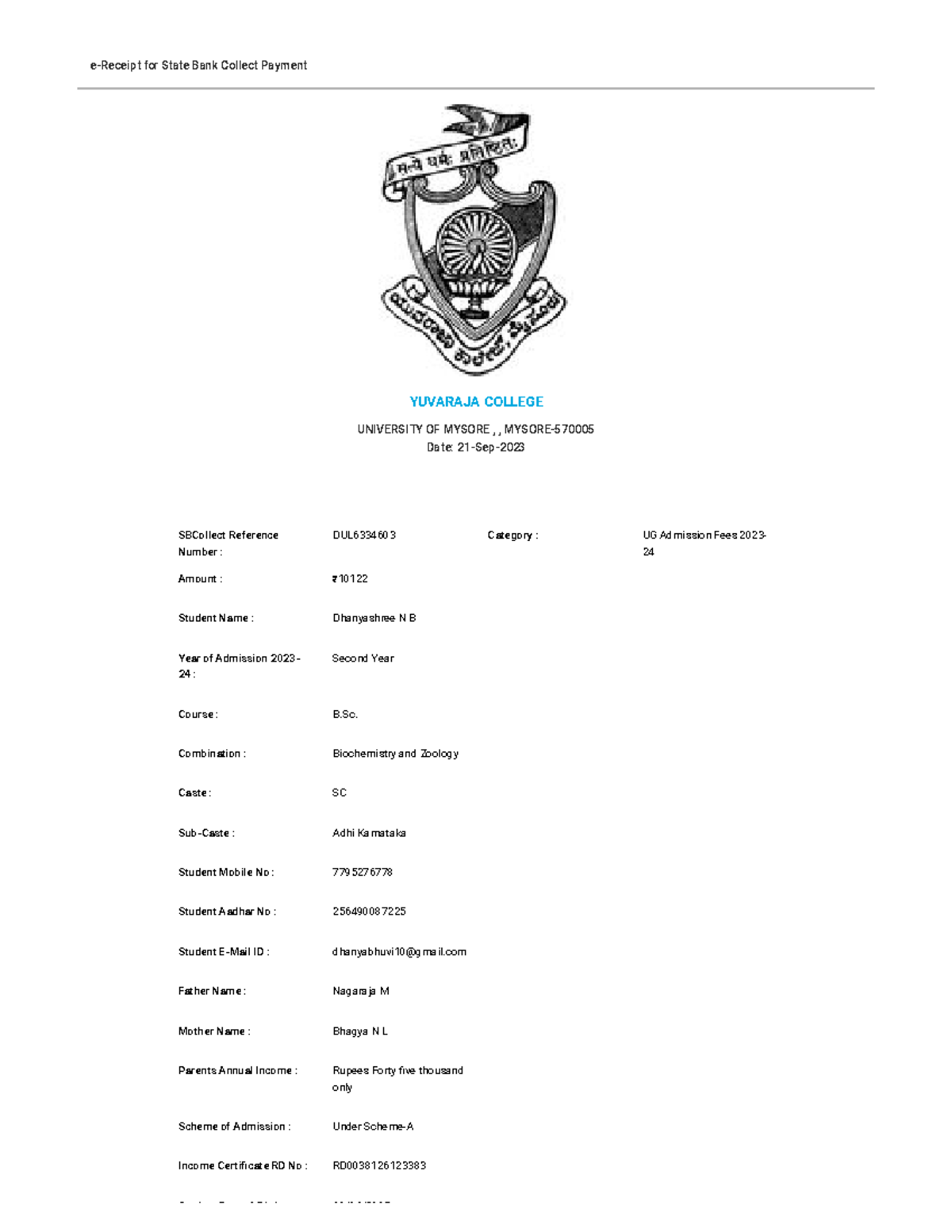 YUVARAJA COLLEGE UG Admission Fee e-Receipt for 2023-24 - Studocu