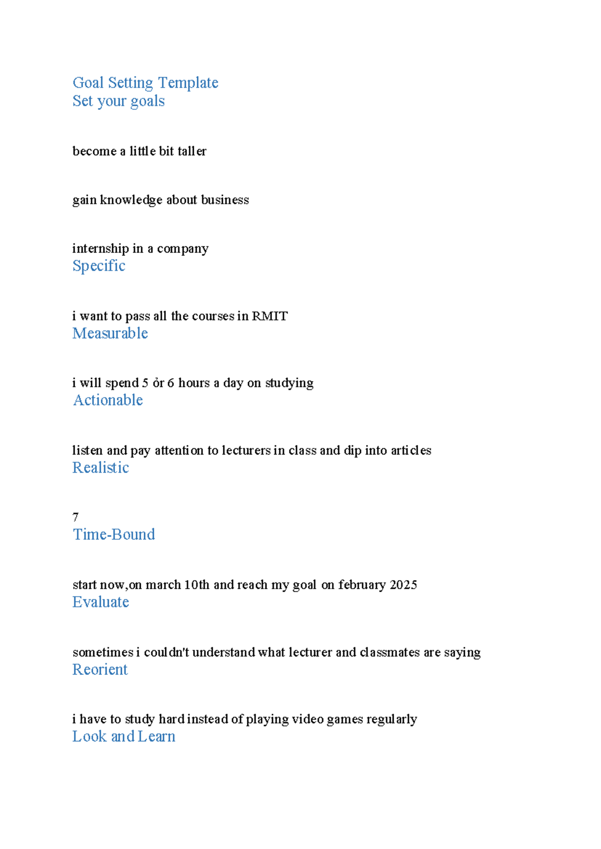 Goal Setting Template for BIS 2: Achieving Academic Success - Studocu