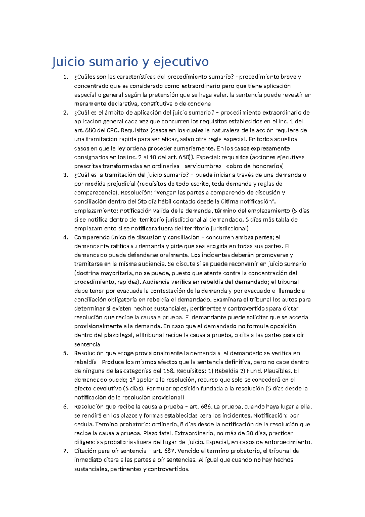 Juicio Sumario y Ejecutivo: Características y Procedimientos - Studocu