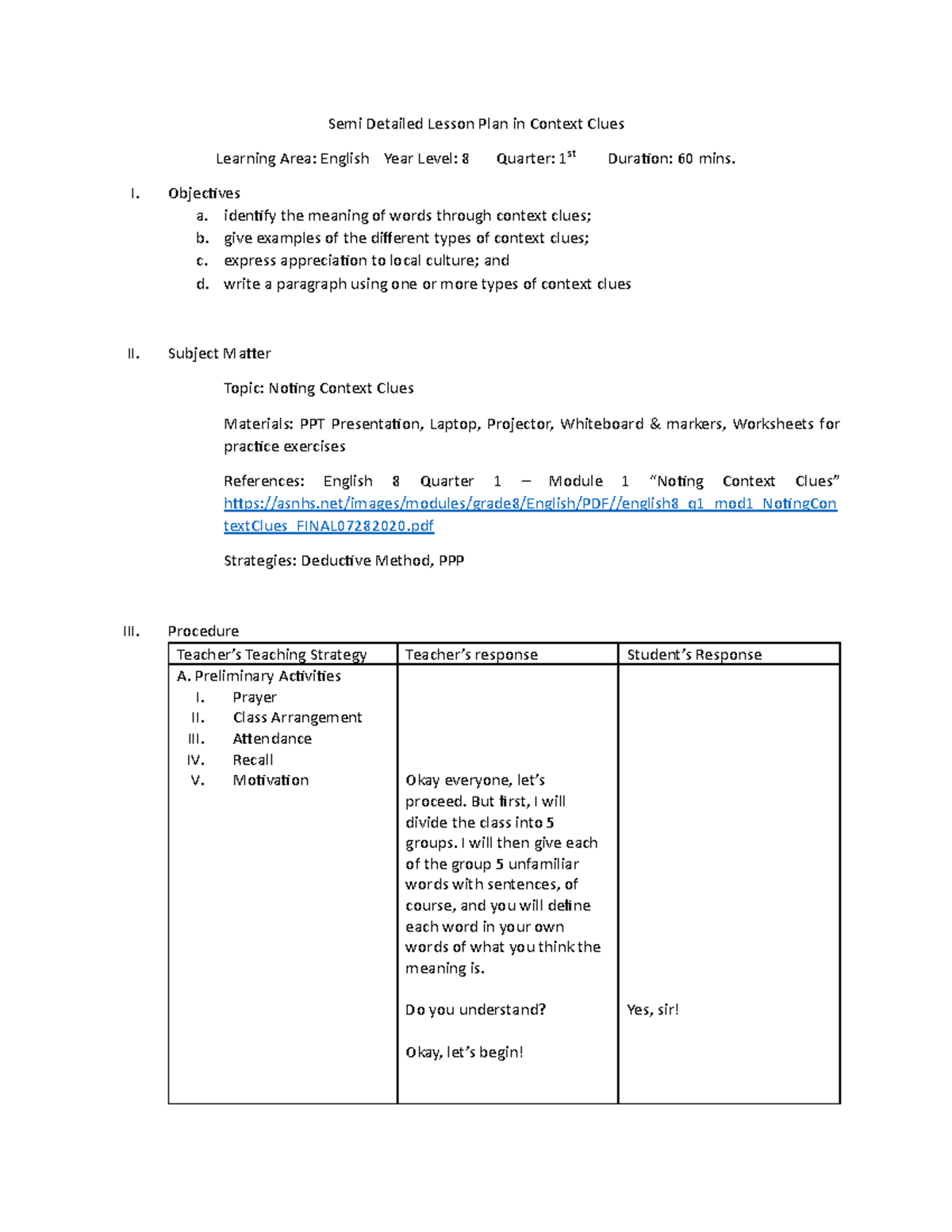 Semi Detailed Lesson Plan in Context Clues - I. Objectives a. identify ...