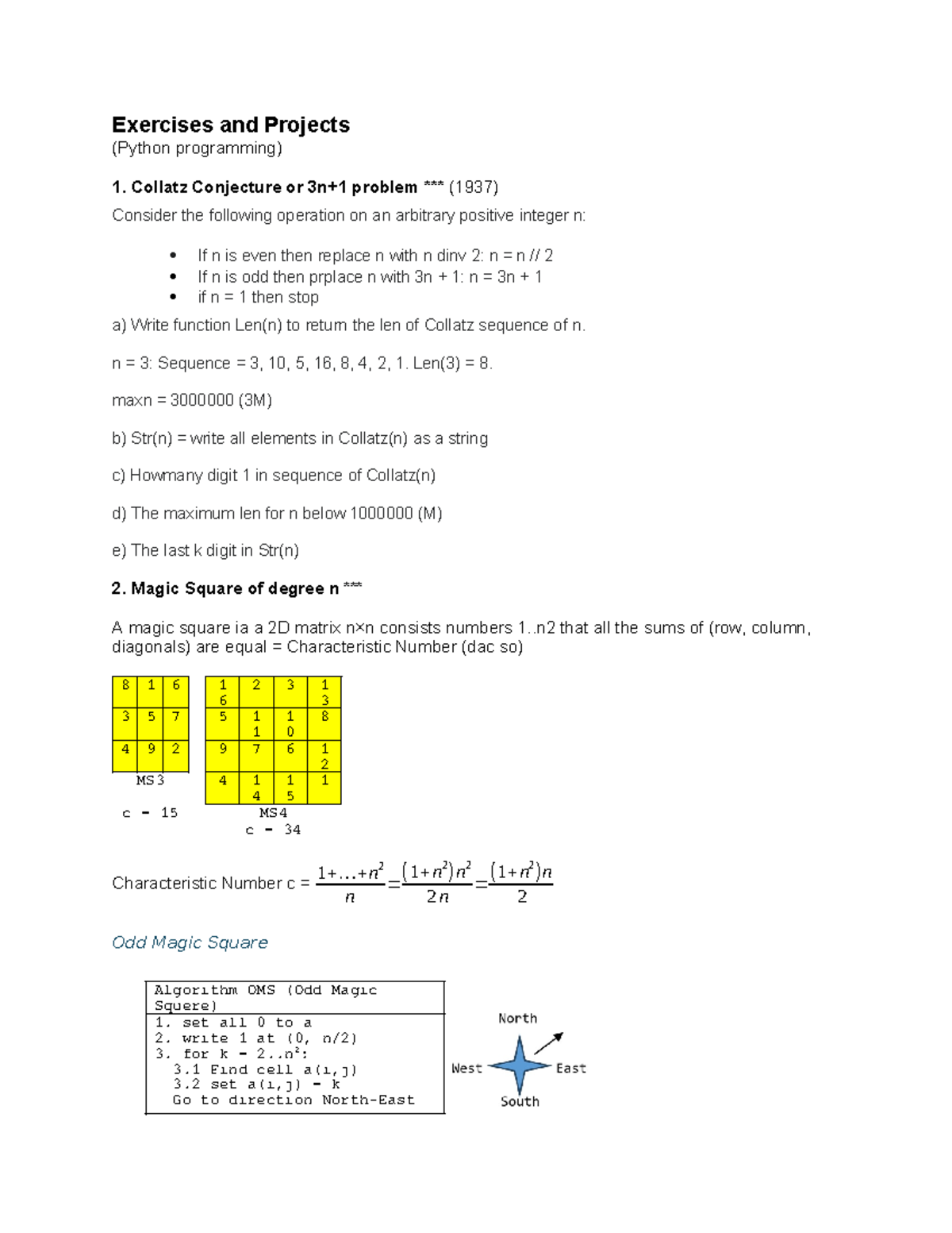 Exercises and Projects in Python Programming: Collatz and Magic Squares ...