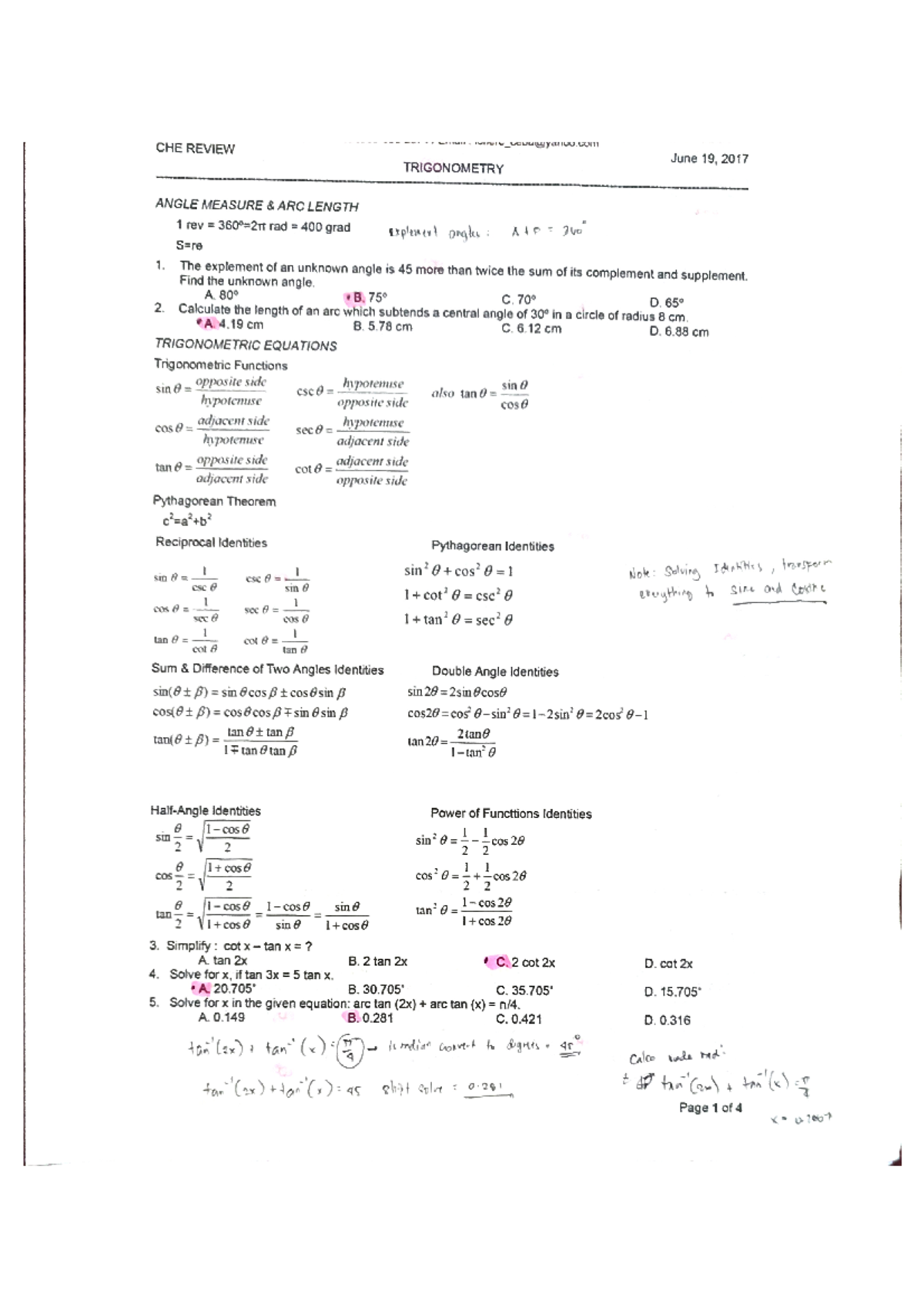 Trigonometry - CC1 REVIEWER - CHE REVIEW June 19, 2017 TRIGONOMETRY ...