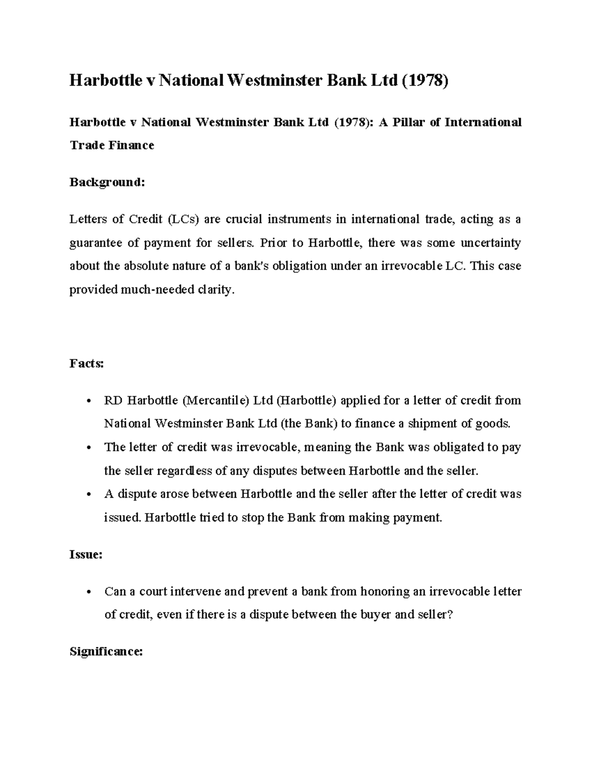 Harbottle v National Westminster Bank Ltd (1978): Key Aspects of Trade ...