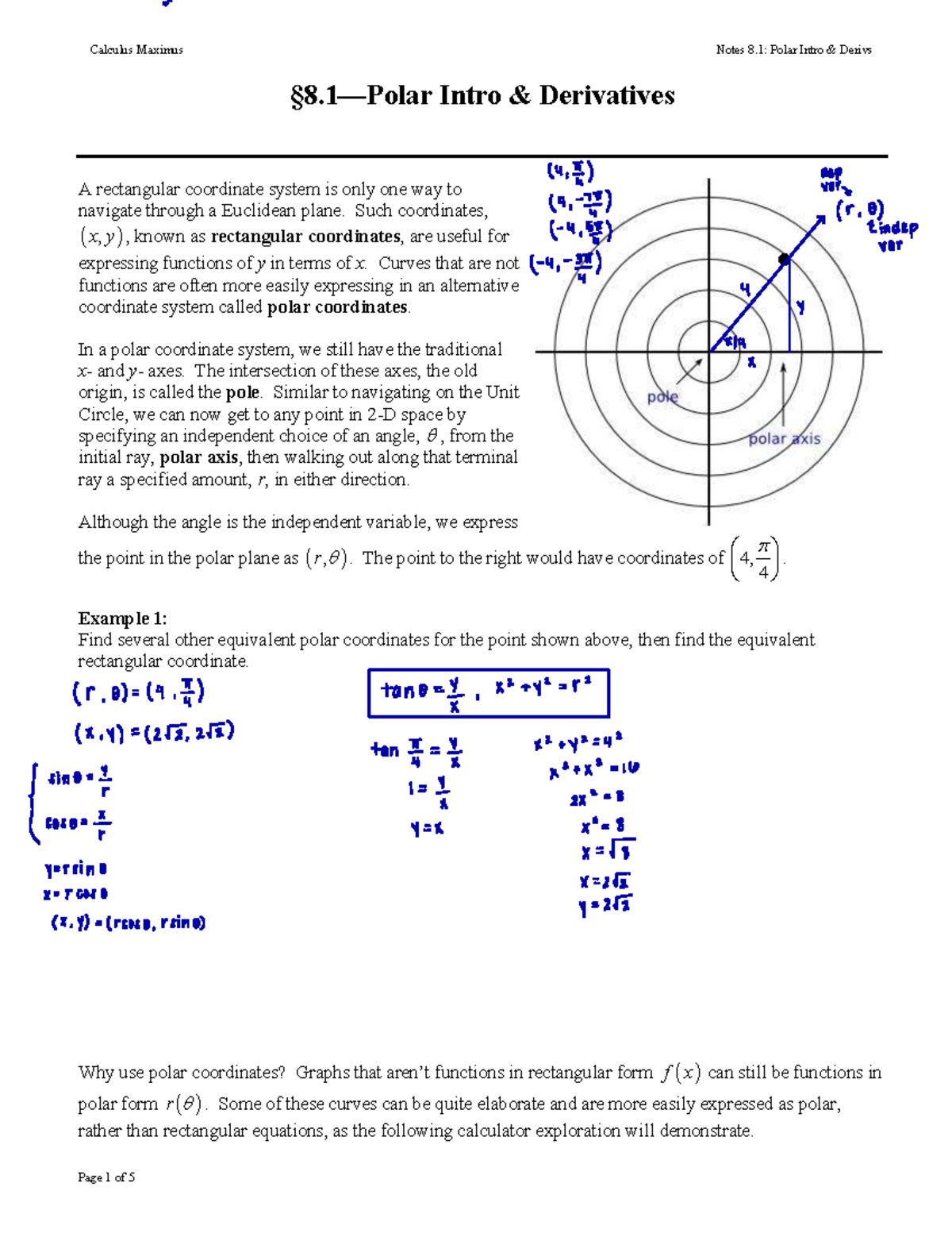 Calculus Maximus Notes 08.1: Introduction to Polar Coordinates ...