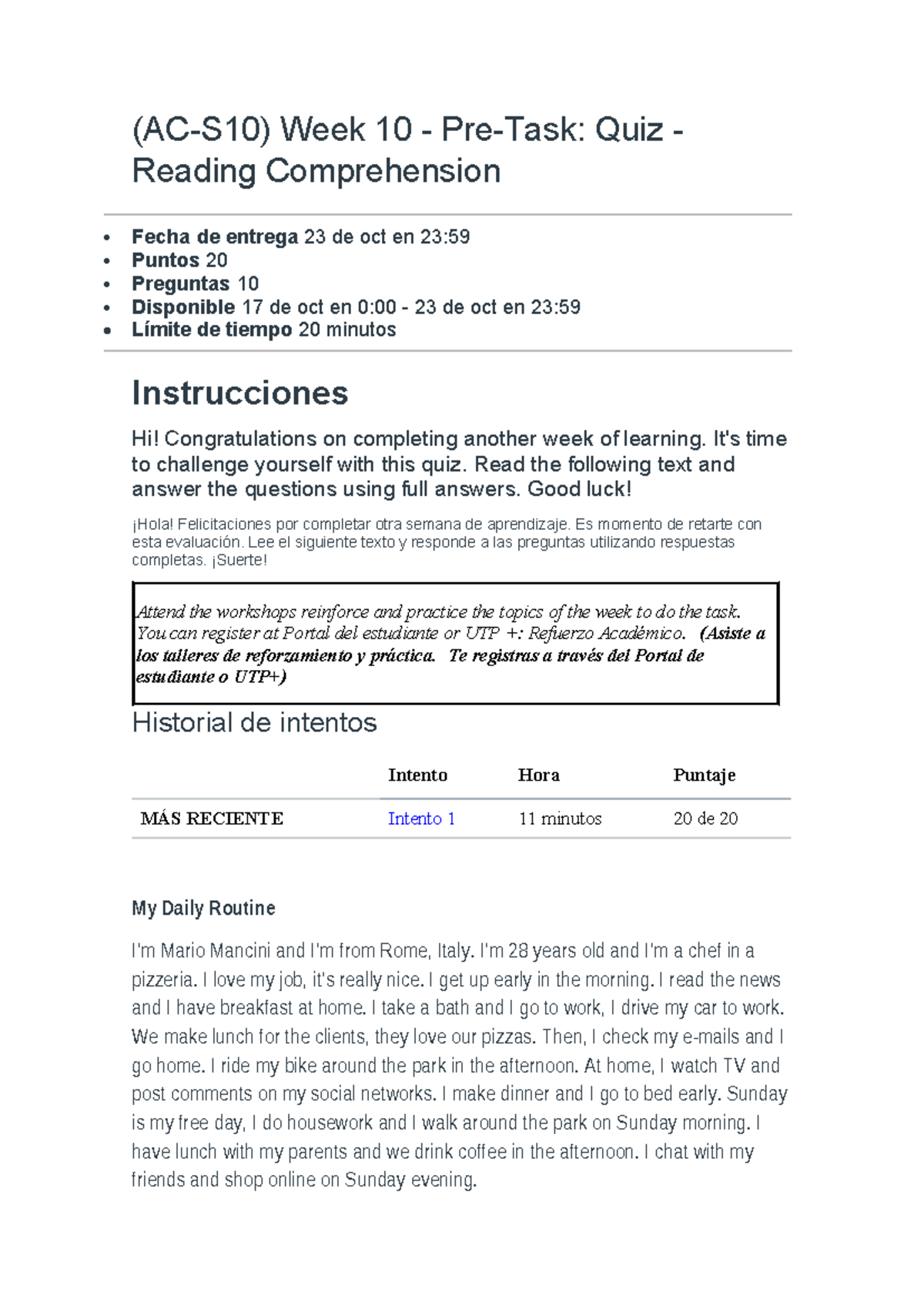 AC-S10 week 10 - Pre-Task Quiz - Reading Comprehension - It's time to ...