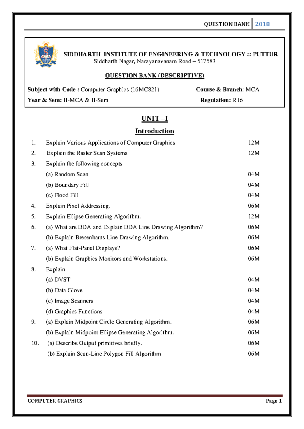 16MC 821 - Computer Graphics Question Bank for II-MCA Semester II - Studocu