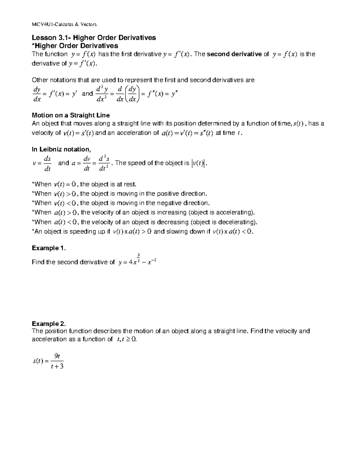Lesson 3.1: Higher Order Derivatives in MCV4U Calculus & Vectors - Studocu