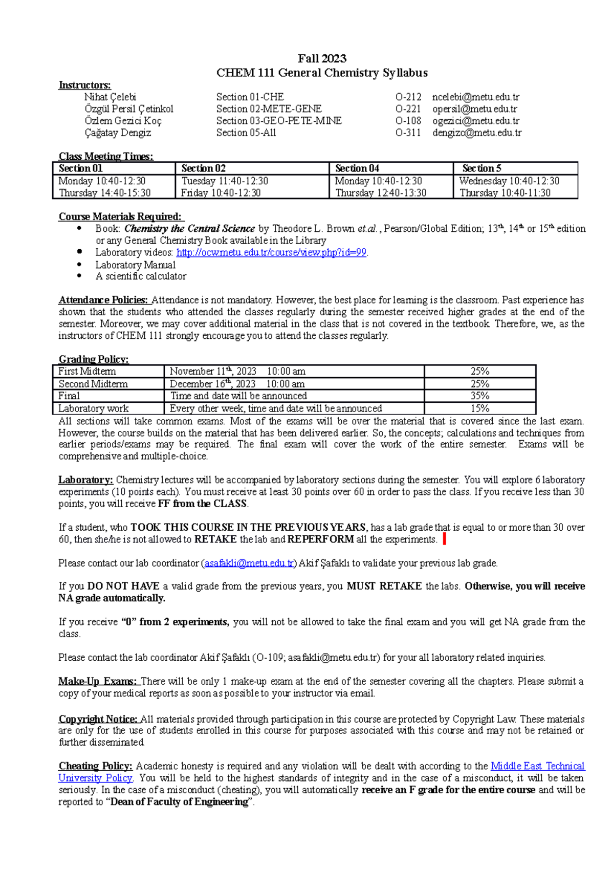 CHEM 111 Fall 2023 General Chemistry Syllabus Overview - Studocu