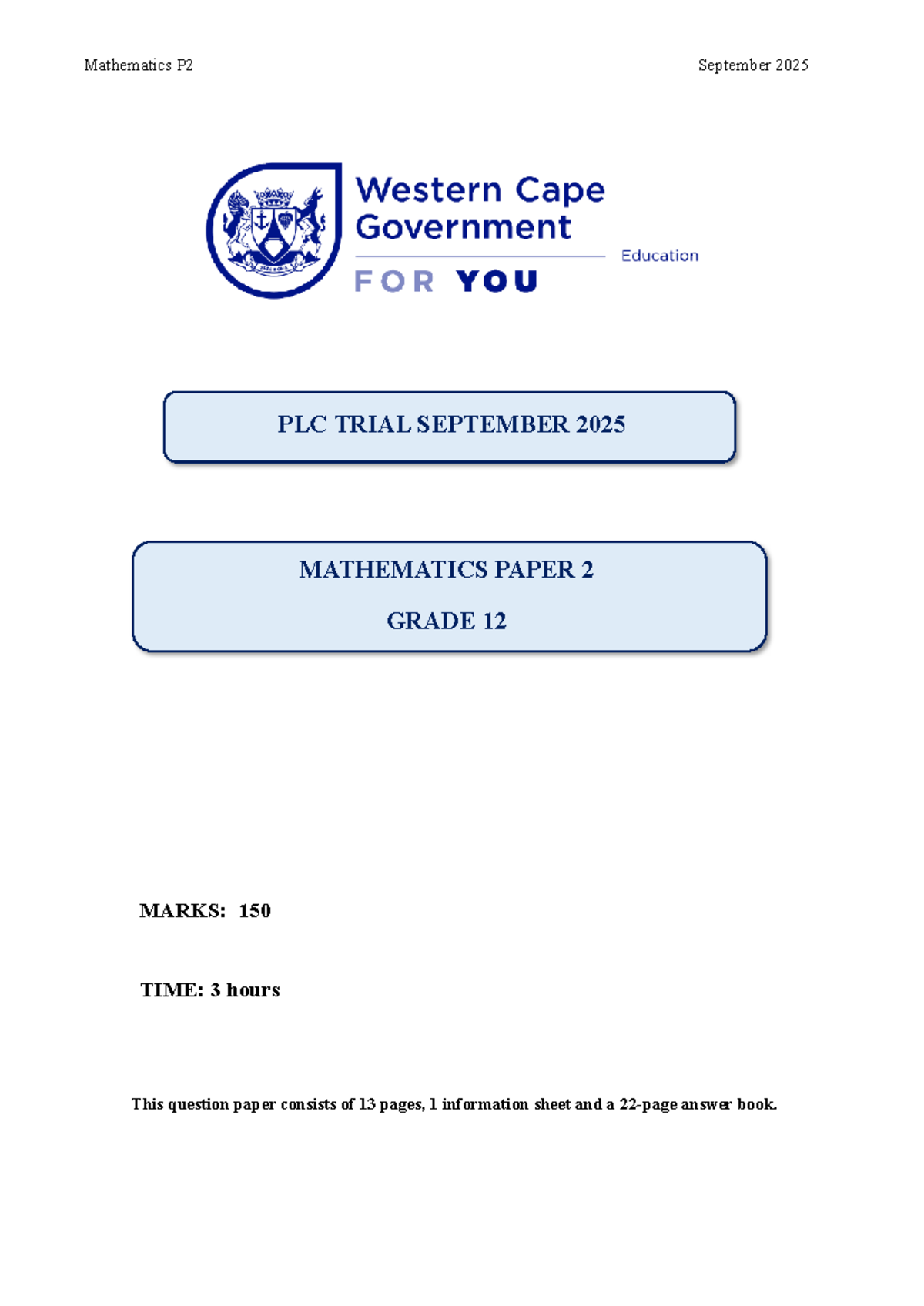 Mathematics P2 Grade 12 Trial Exam September 2025 - Marks: 150 - Studocu