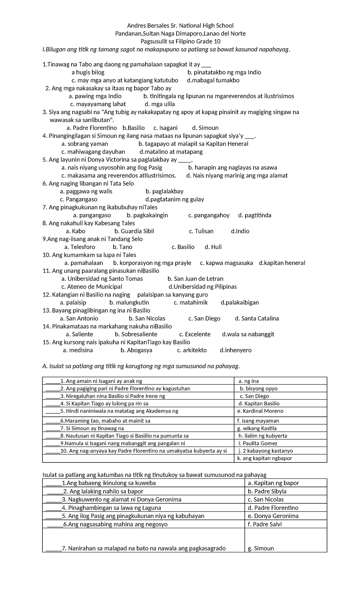 Pagsusulit sa El Filibusterismo - Summative Test para sa Baitang 10 ...