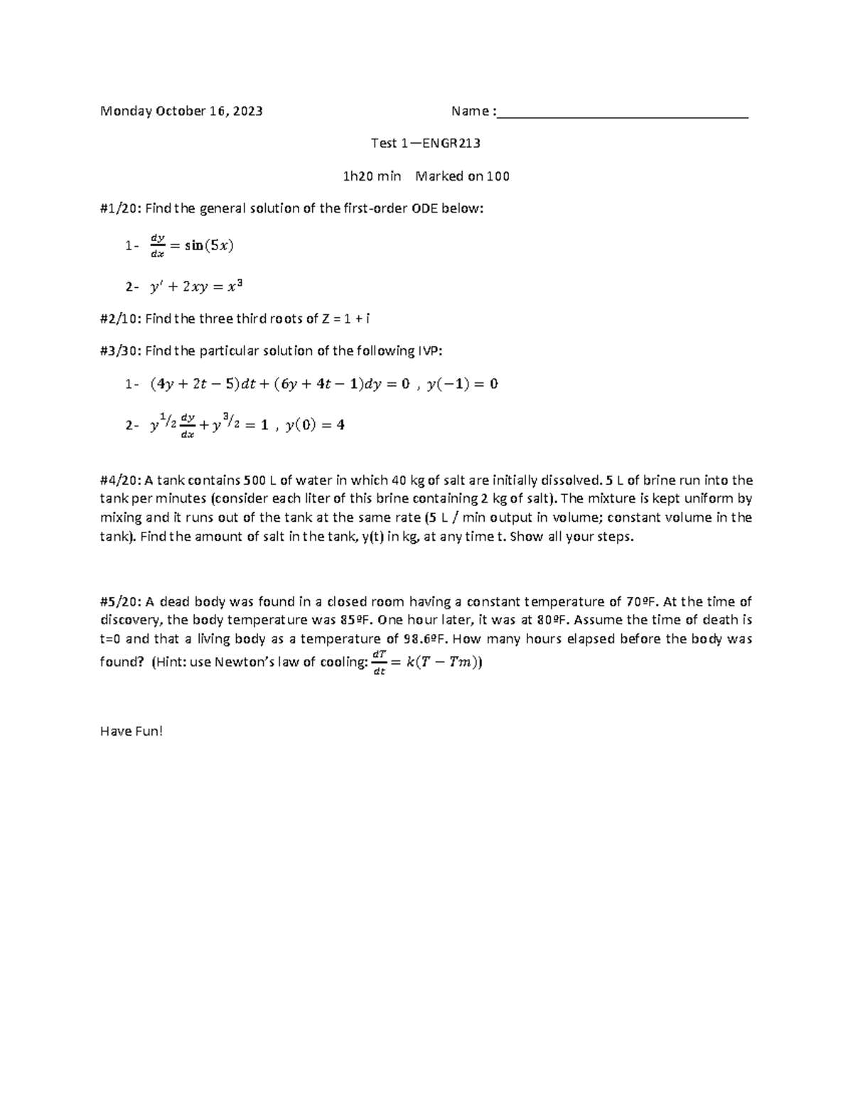 Test 1 Solutions for ENGR212 - ODEs and Applications - Studocu
