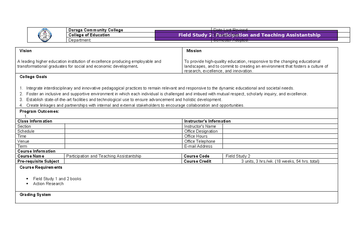 FS2: Learning Plan for Participation and Teaching Assistantship - Studocu