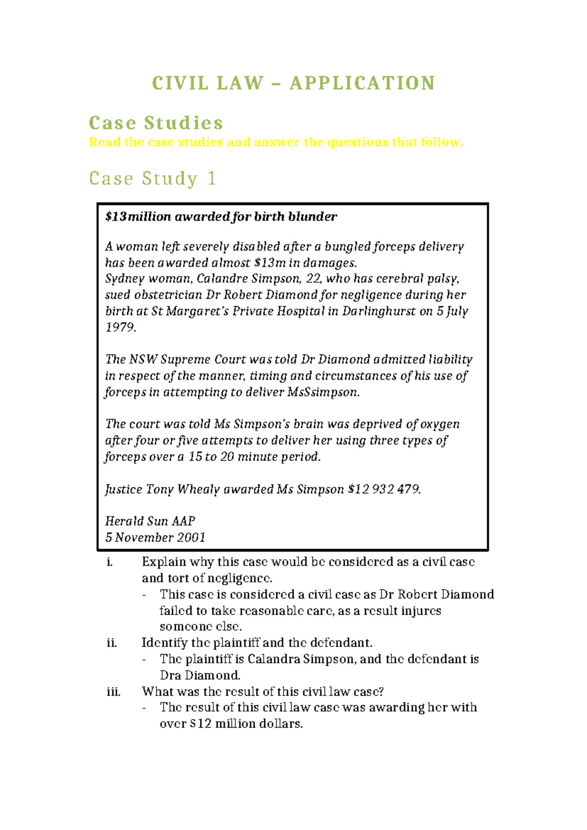 CIVIL LAW APPLIC Case Studies & Analysis of Tort Negligence - Studocu