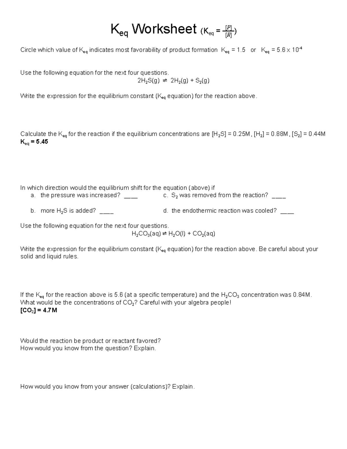 Ws Keq '22 - Equilibrium Constant Calculations and Analysis - Studocu