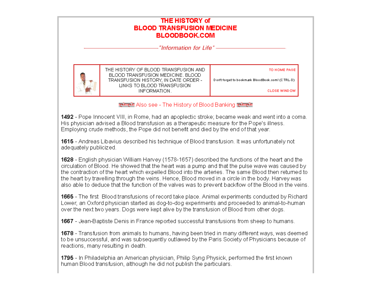 History of Blood Transfusion Medicine: Milestones and Advances - Studocu