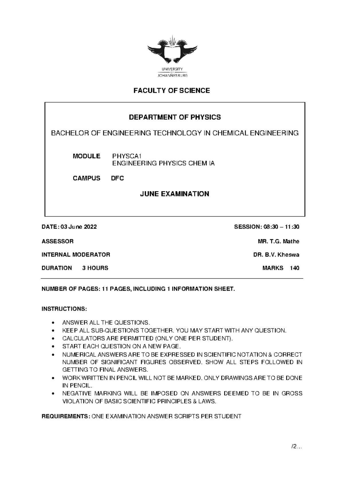 2022 PHYSCA 1A June Exam Paper - Engineering Physics Paper 1 - Studocu