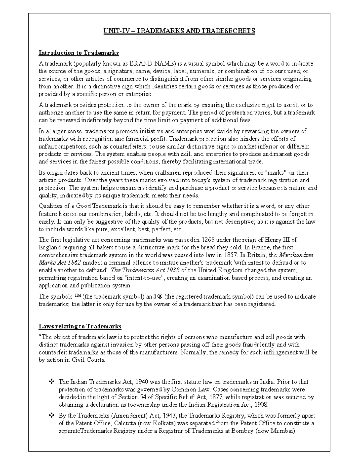 IPR Unit IV - TM AR20: Comprehensive Overview of Trademarks and Their ...
