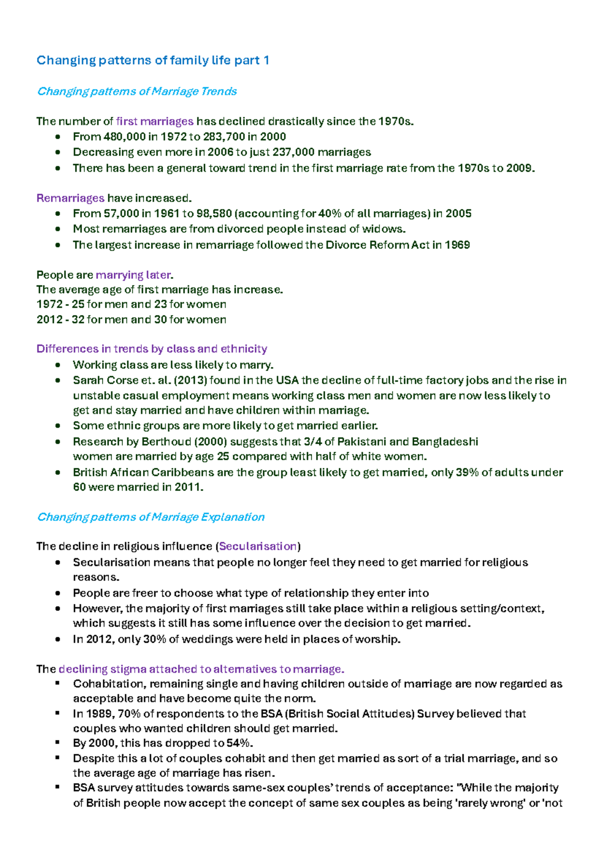 Changing Patterns of Family Life: Trends Revision Notes (SOC) - Studocu