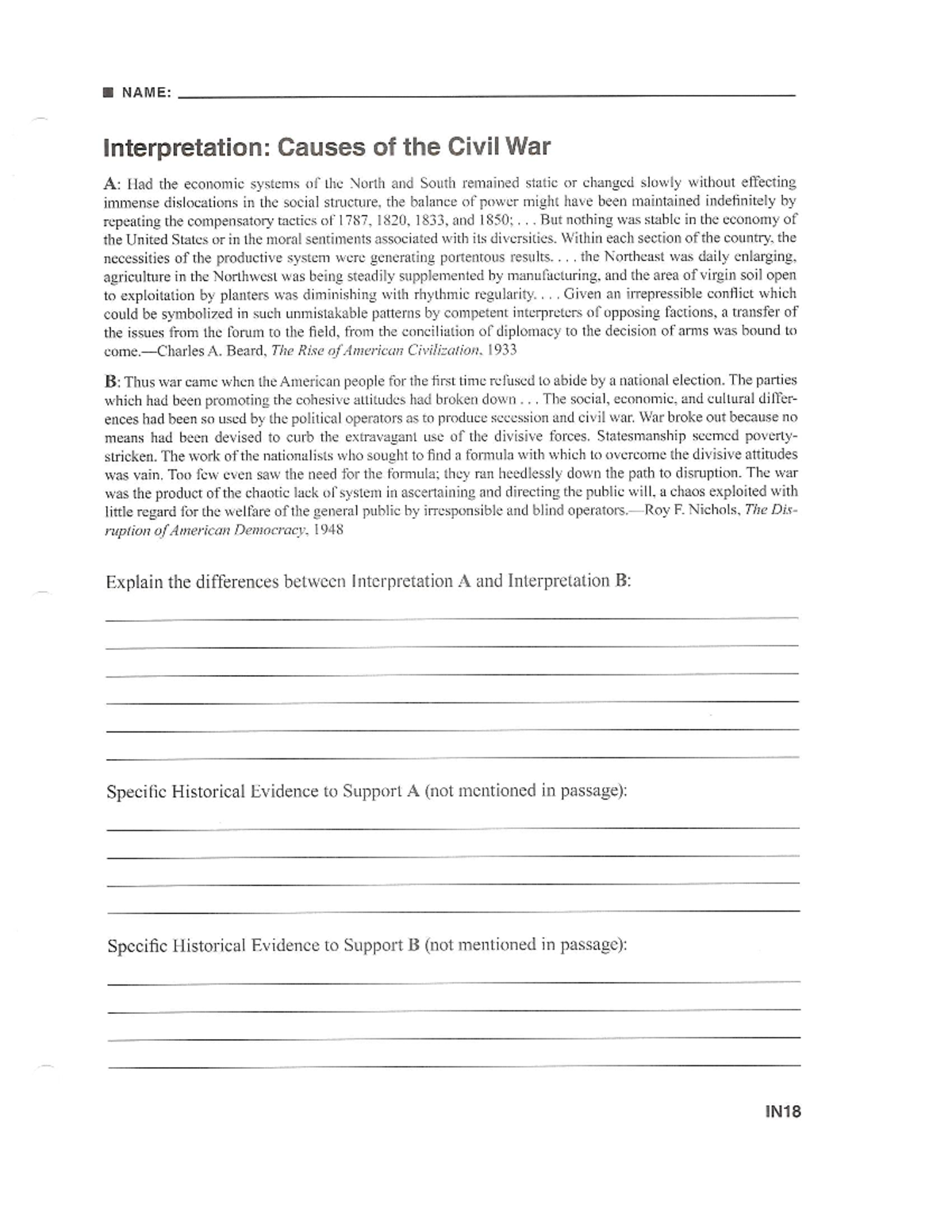 Civil War Causes Interpretation: A vs. B Analysis (IN18) - Studocu
