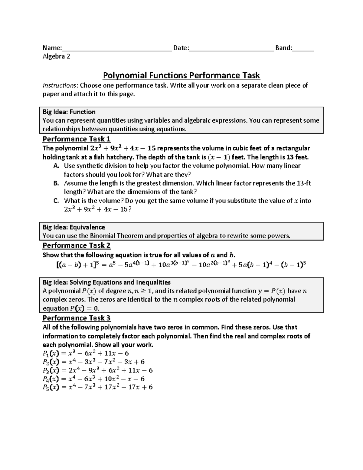 Algebra 2 Polynomial Functions Performance Task Guide - Studocu