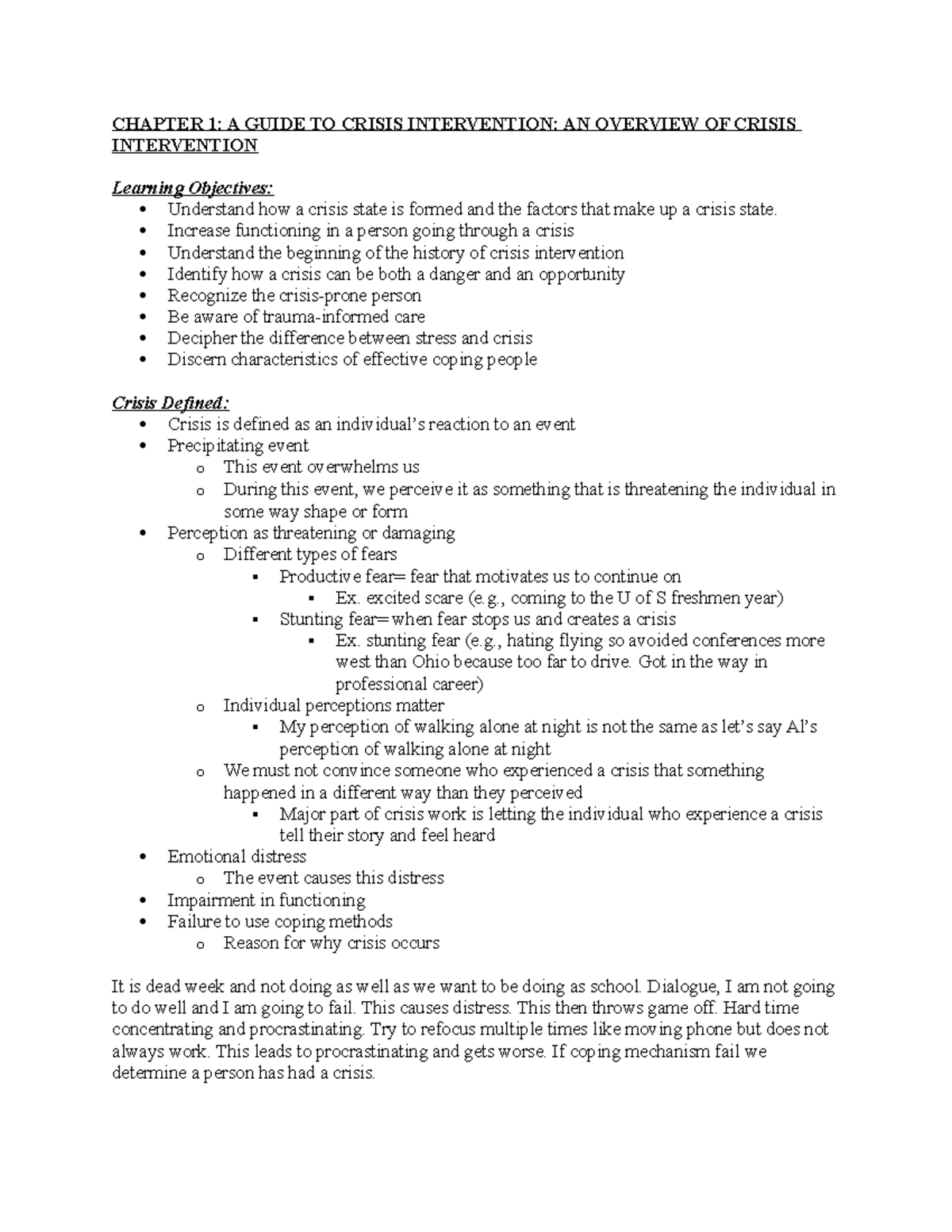 Chapter 1 - In-Class Notes on Crisis Intervention Concepts - Studocu