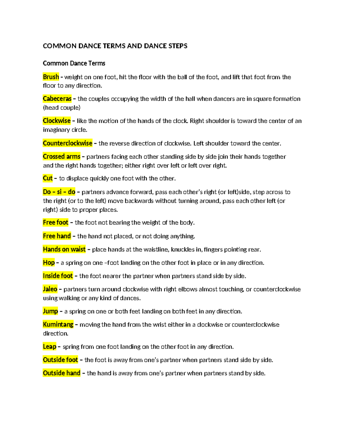 COMMON DANCE TERMS & STEPS: A Comprehensive Guide - Studocu