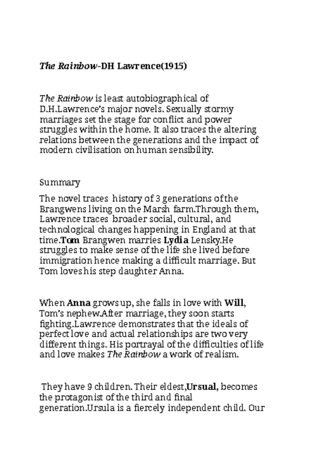 Rainbow: Analysis of D.H. Lawrence's Novel - 5th Sem English - Studocu