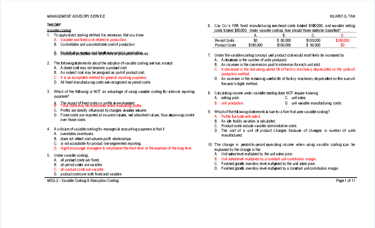 Variable Costing & Absorption Costing Concepts: Key Differences (ACCT 101) - Studocu