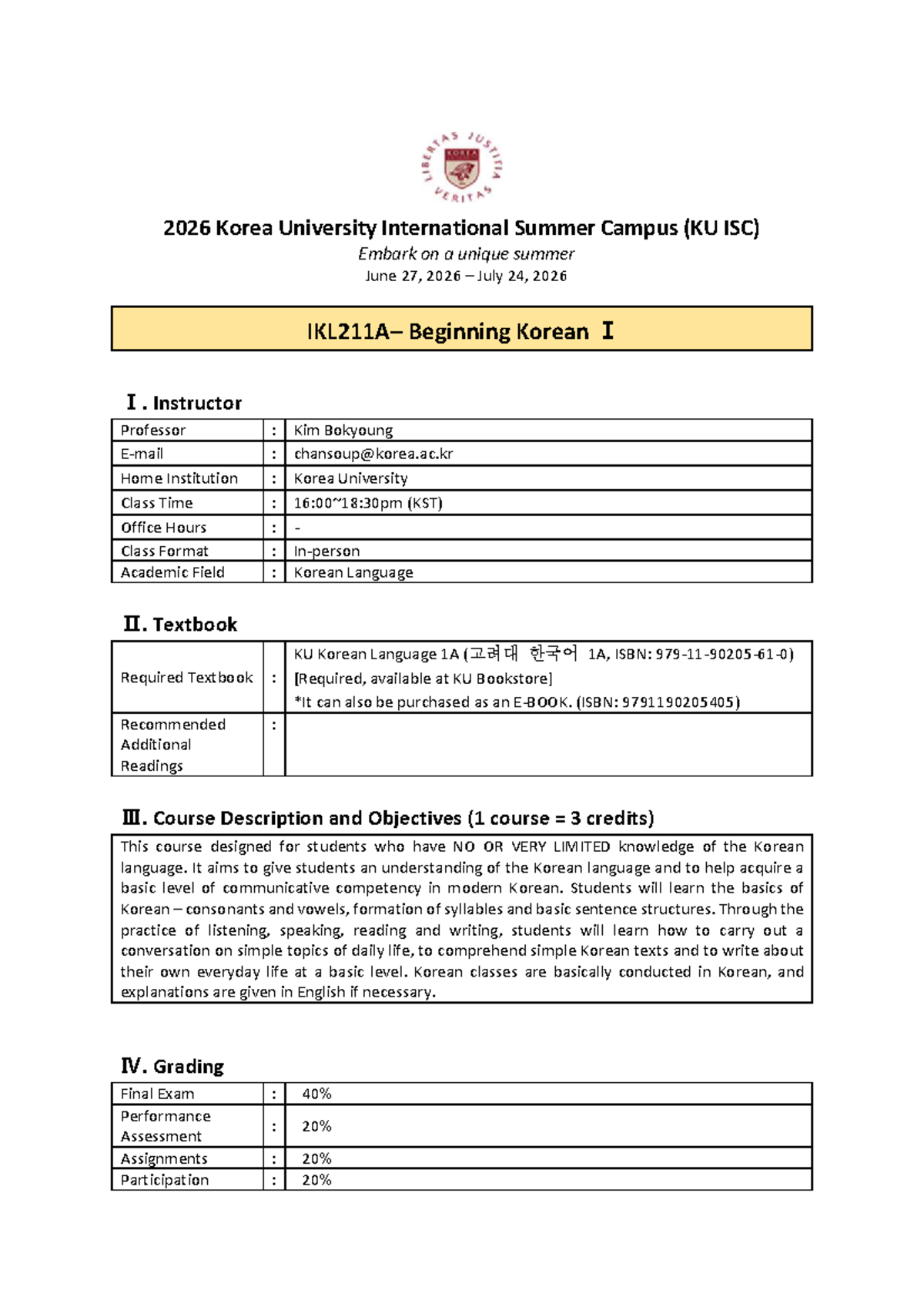 [IKL2111A] 2026 ISC Syllabus: Beginning Korean I (4 Weeks) - Studocu