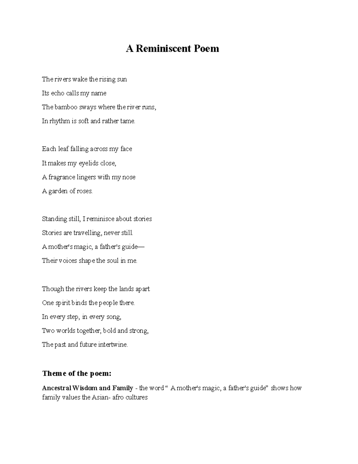 A Reminiscent Poem: Ancestral Wisdom and Family Values - Studocu