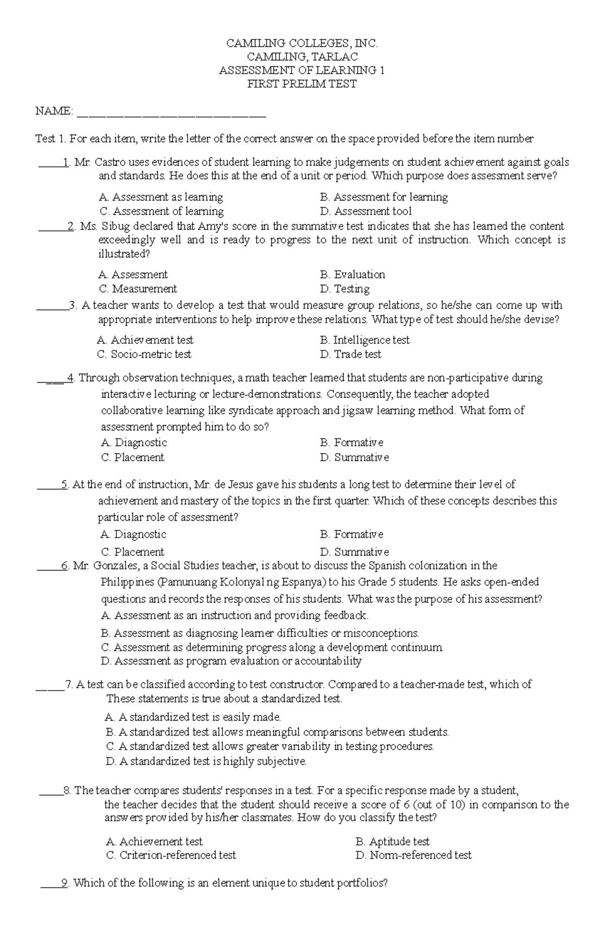 CAMILING COLLEGES, INC. ASSESSMENT OF LEARNING 1 FIRST PRELIM REVIEWER ...
