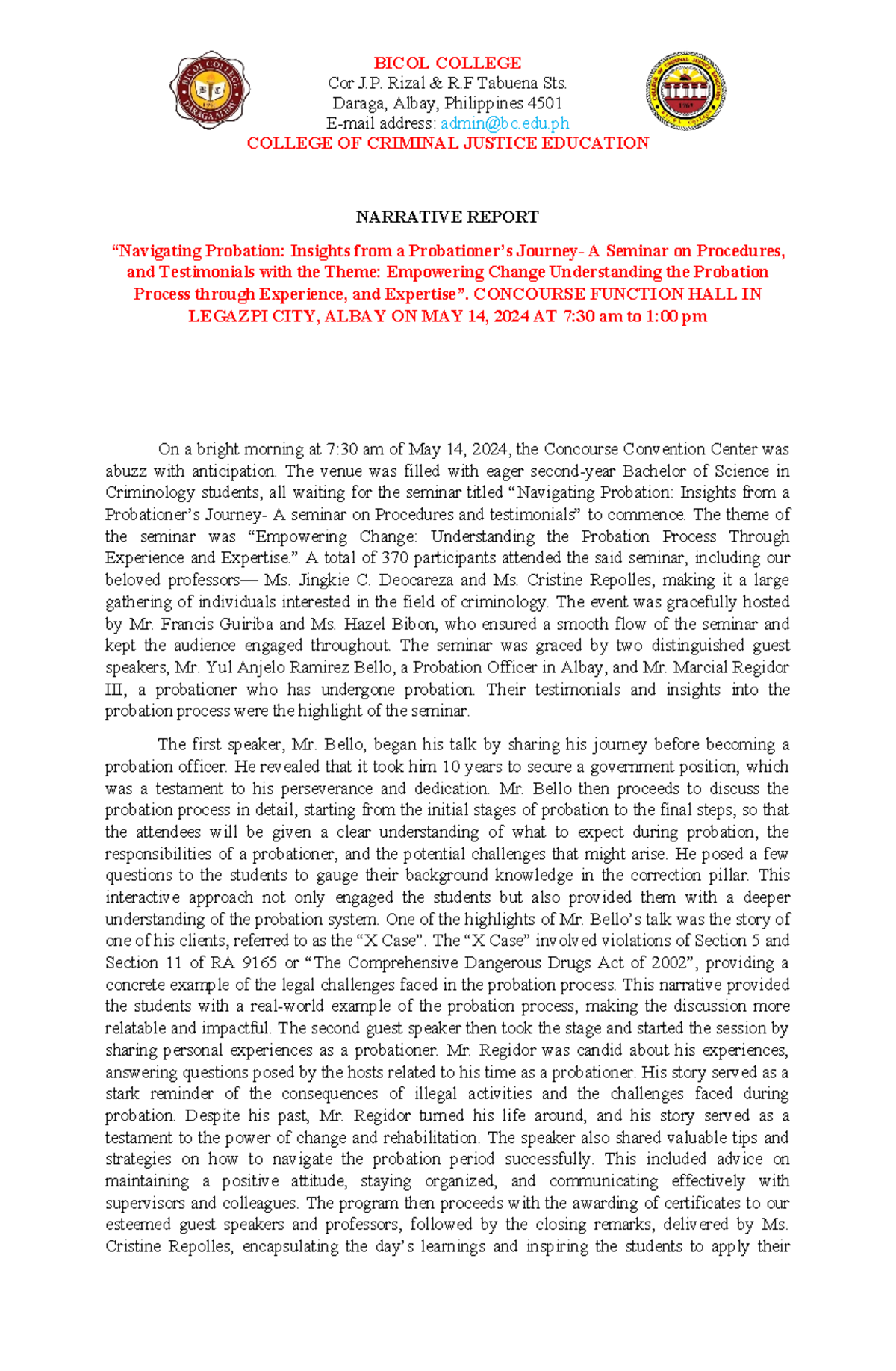 NARRATIVE REPORT: Insights from a Probationer's Journey - BS Crim 2024 ...