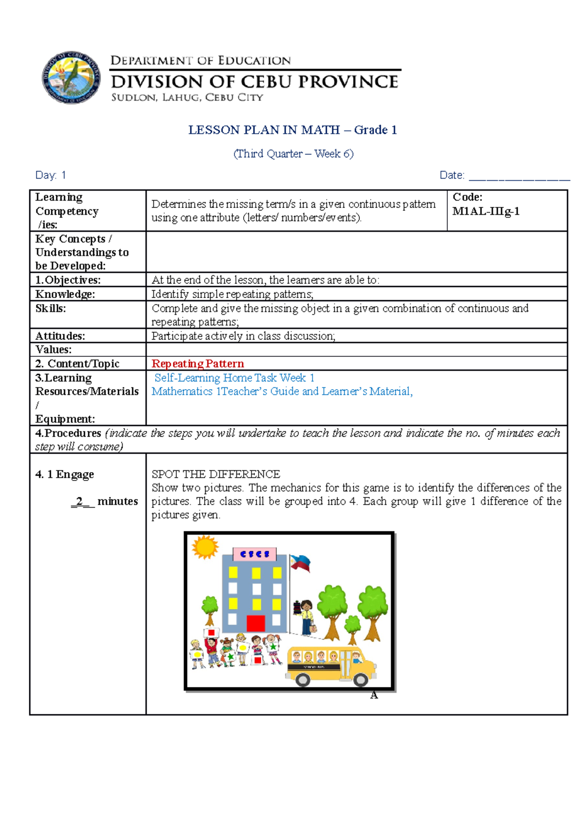 Lesson Plan Grade 1 Math Q3 Week 1: Patterns & Engagement Activities ...