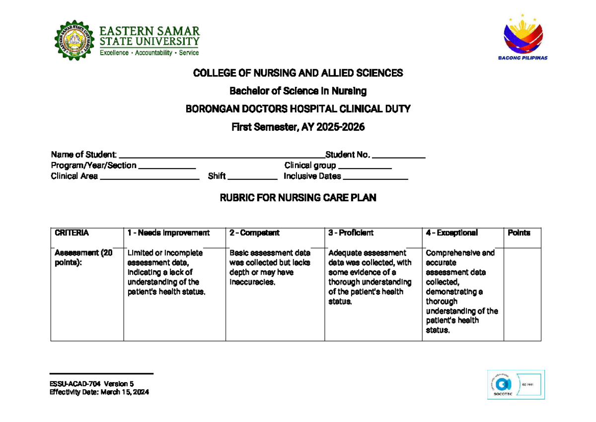 NURSING 101: Clinical Duty NCP Format for Pre/Postoperative Care - Studocu