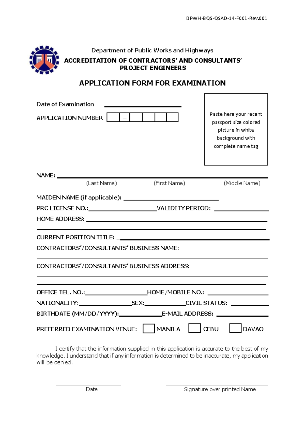 Application Form for Exam - Contractors’ & Consultants’ Project Engrs ...