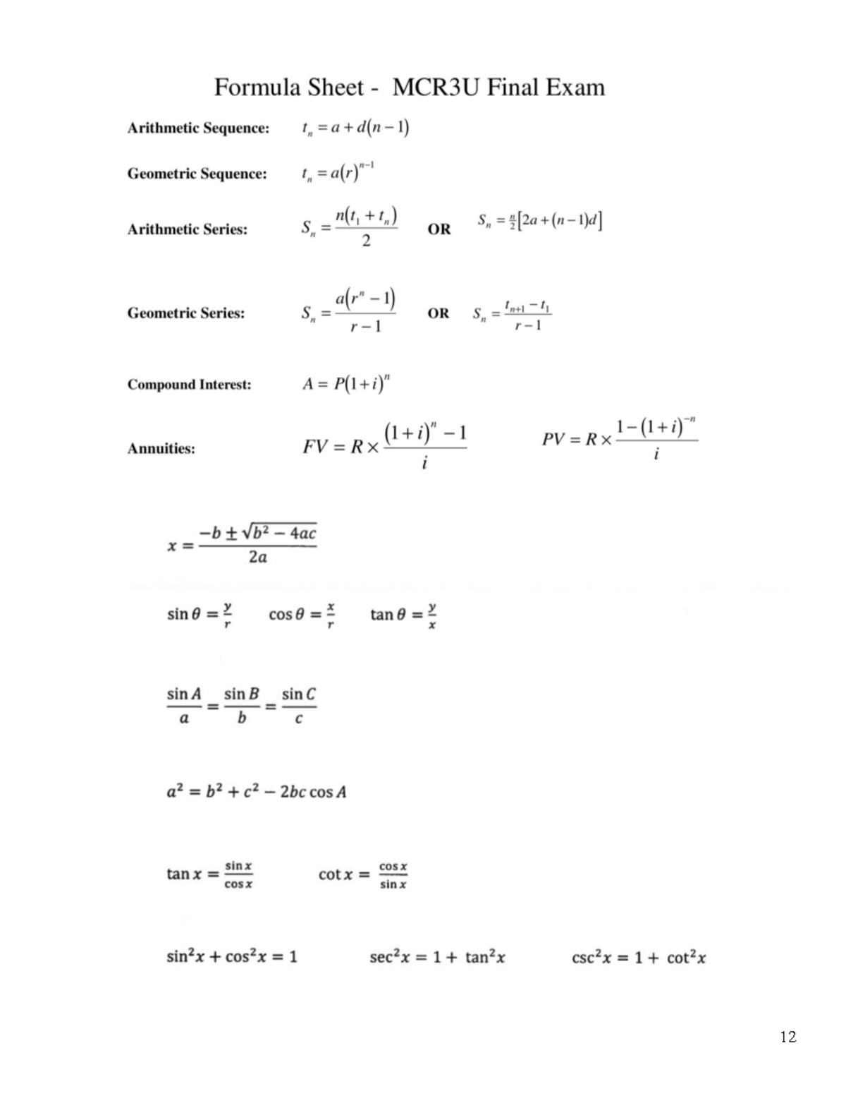 MCR3U Formula Sheet - Formula Sheet - MCR3U Final Exam Arithmetic ...
