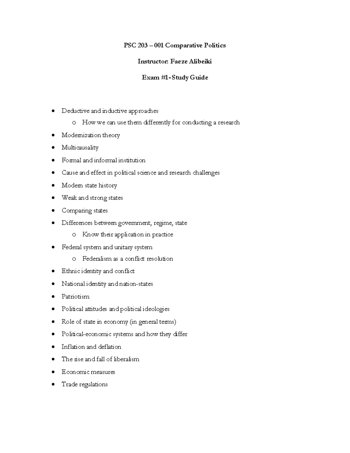 PSC 203 Exam #1 Study Guide: Key Concepts in Comparative Politics - Studocu