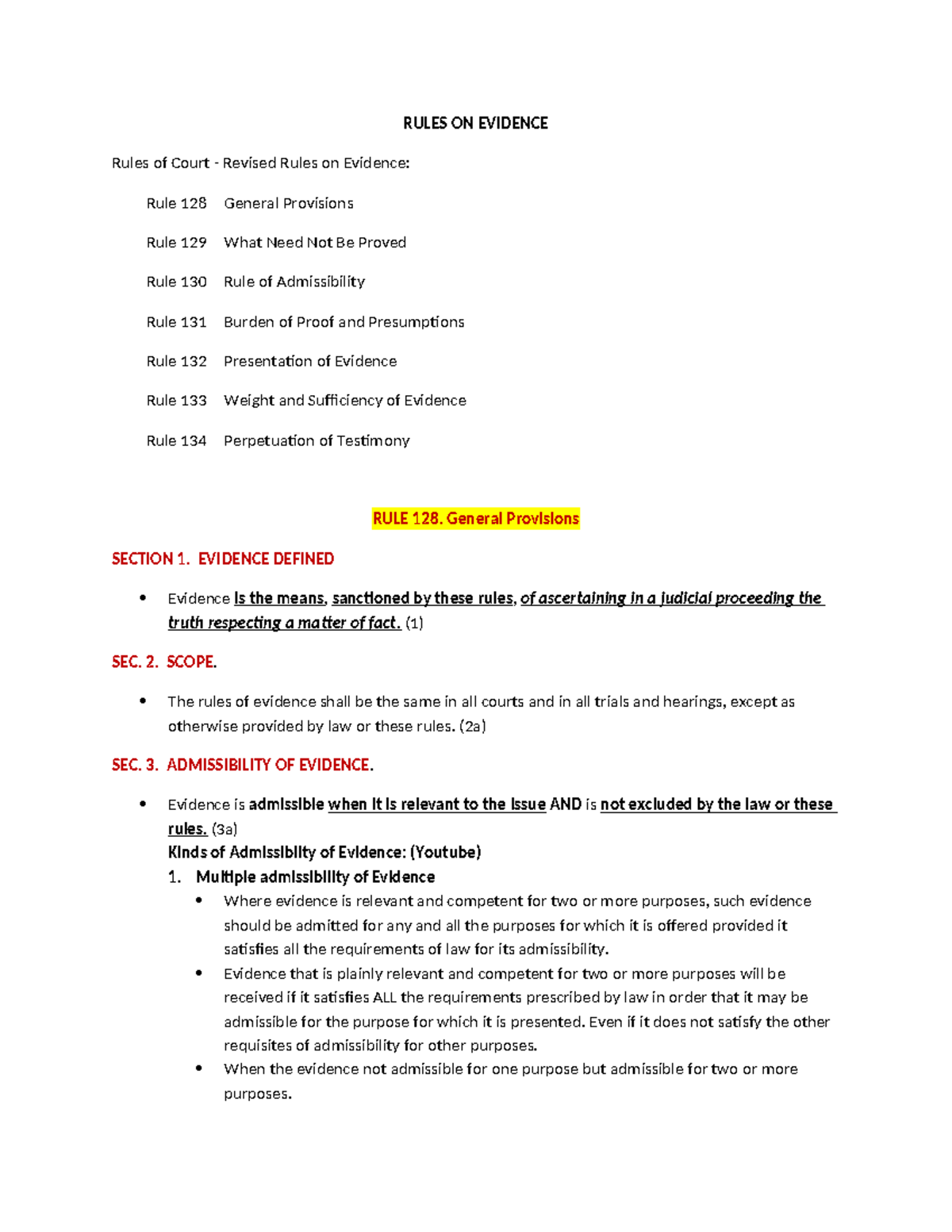 Rules on Evidence Overview (Law 101 Reviewer) - Studocu