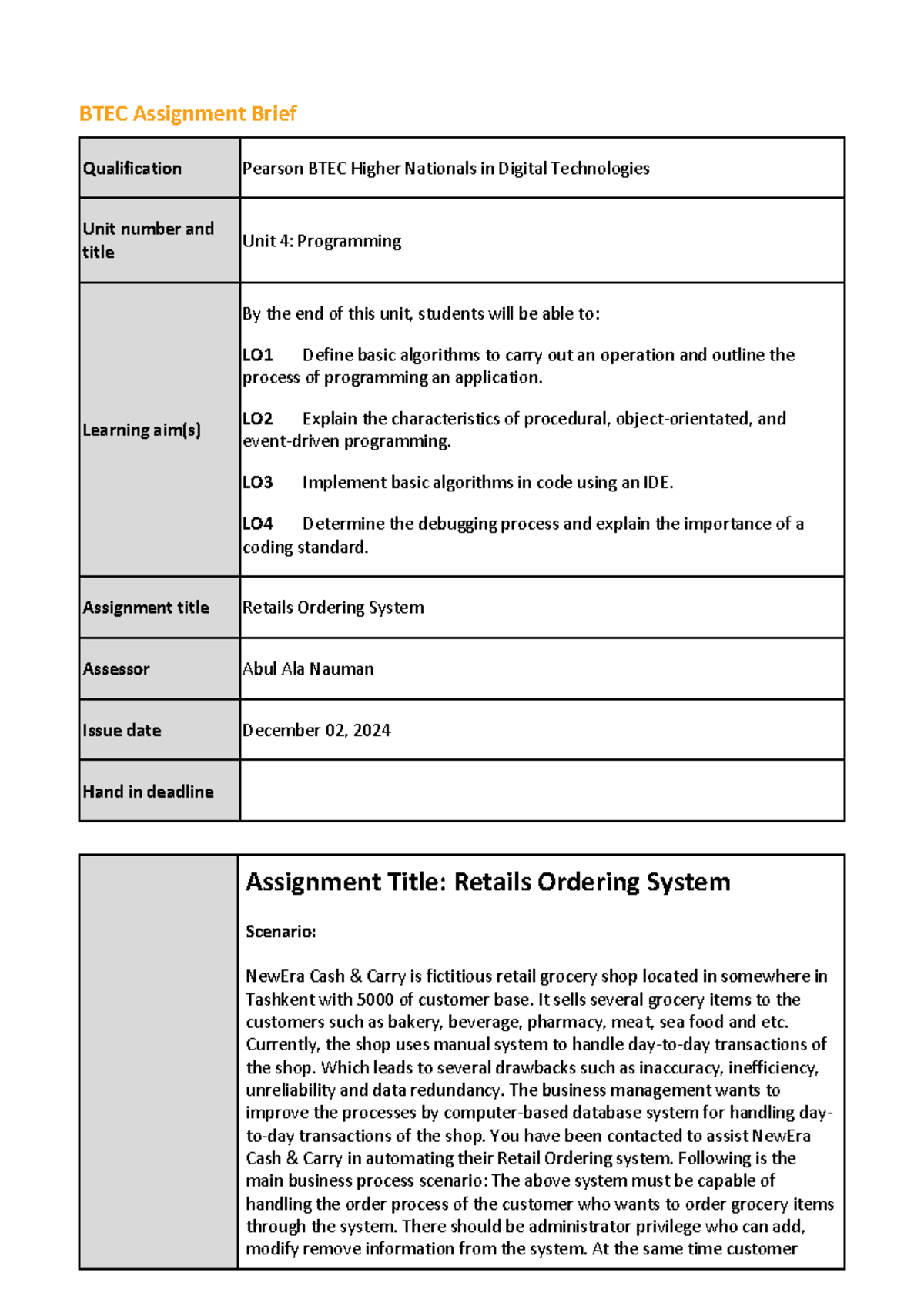 BTEC Unit 4: Programming Assignment - Retail Ordering System Report ...