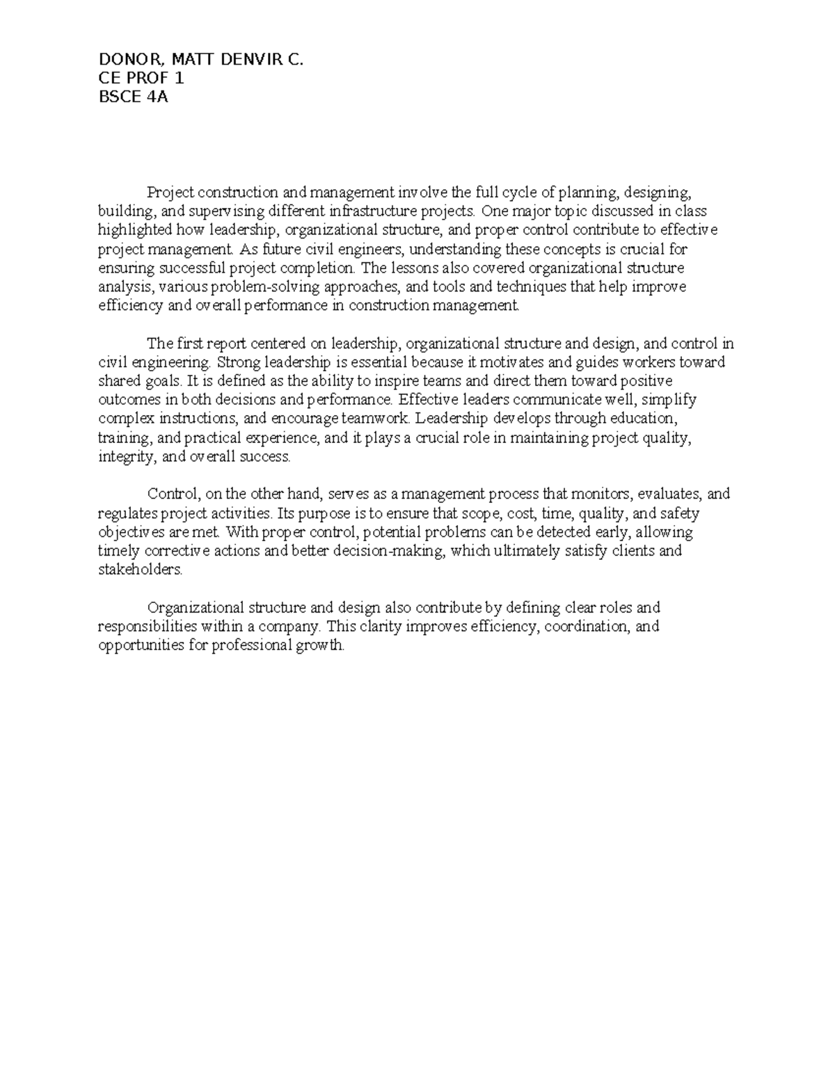 CE PROF 1 BSCE 4A Project Management: Leadership & Planning Insights ...