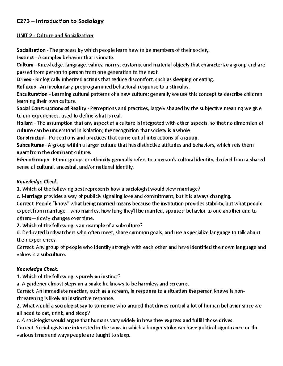 C273 Intro to Sociology UNIT 2 Notes: Culture and Socialization ...